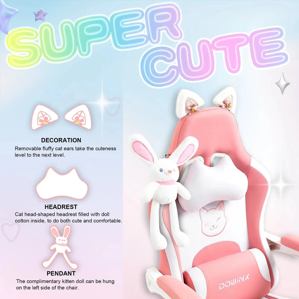 Dowinx Gaming Chair Cute with Cat Ears and Massage Lumbar Support Pink ...