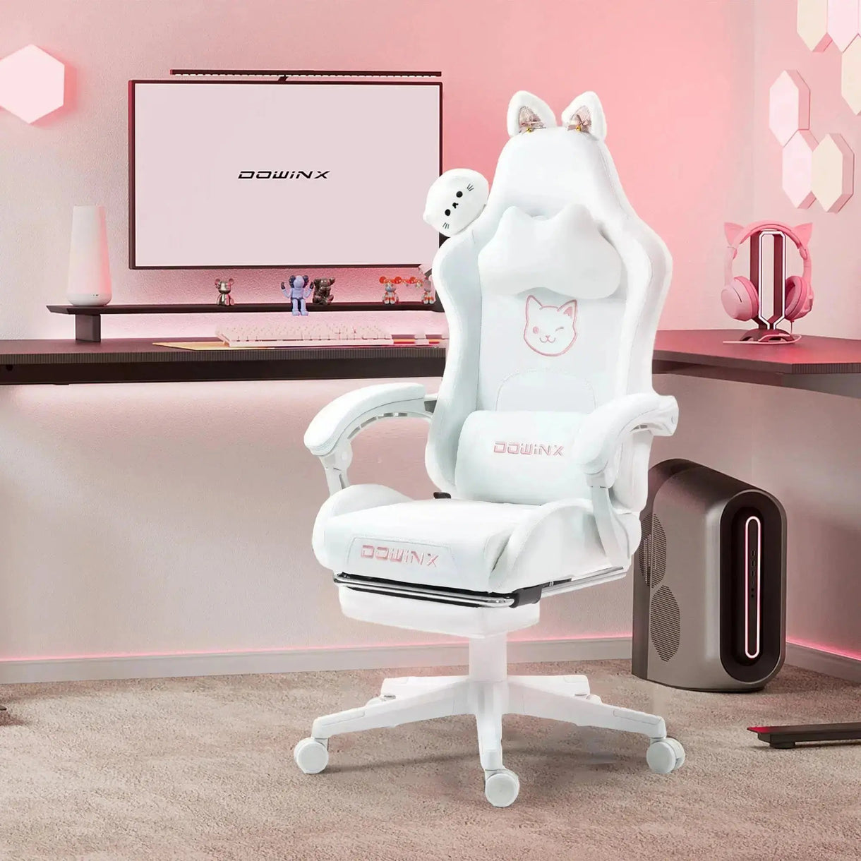 Dowinx Gaming Chair Cute with Cat Ears and Massage Lumbar Support White ...