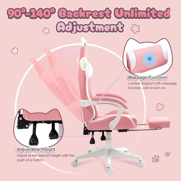Dowinx Gaming Chair Cute with Cat Ears and Massage Lumbar Support Pink ...