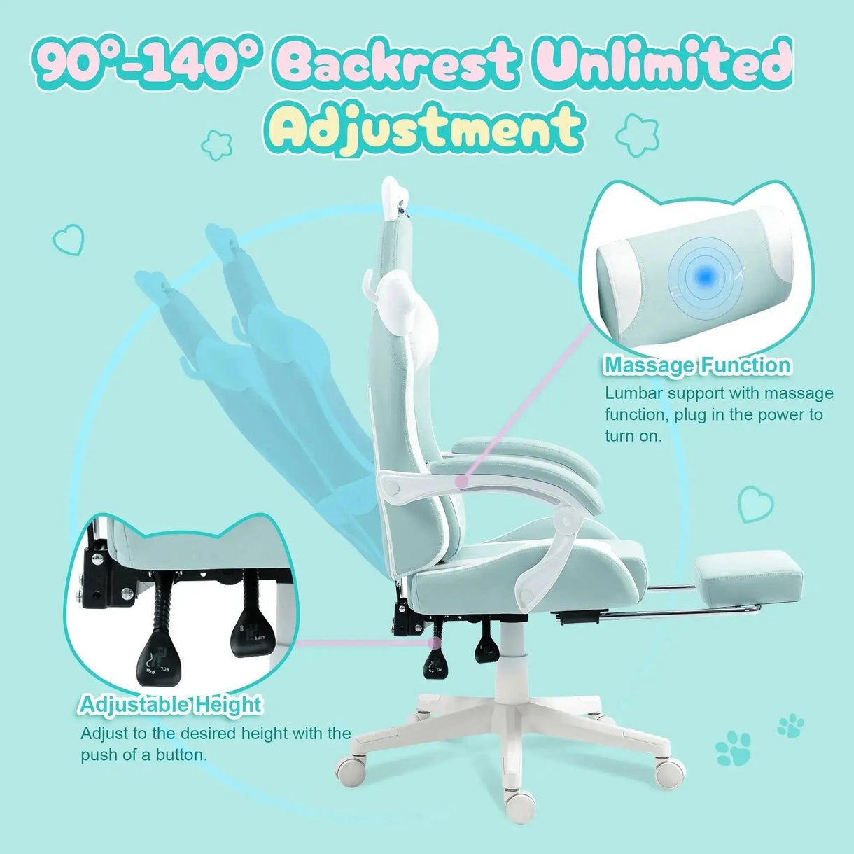 Dowinx Gaming Chair Cute with Cat Ears and Massage Lumbar Support Blue ...