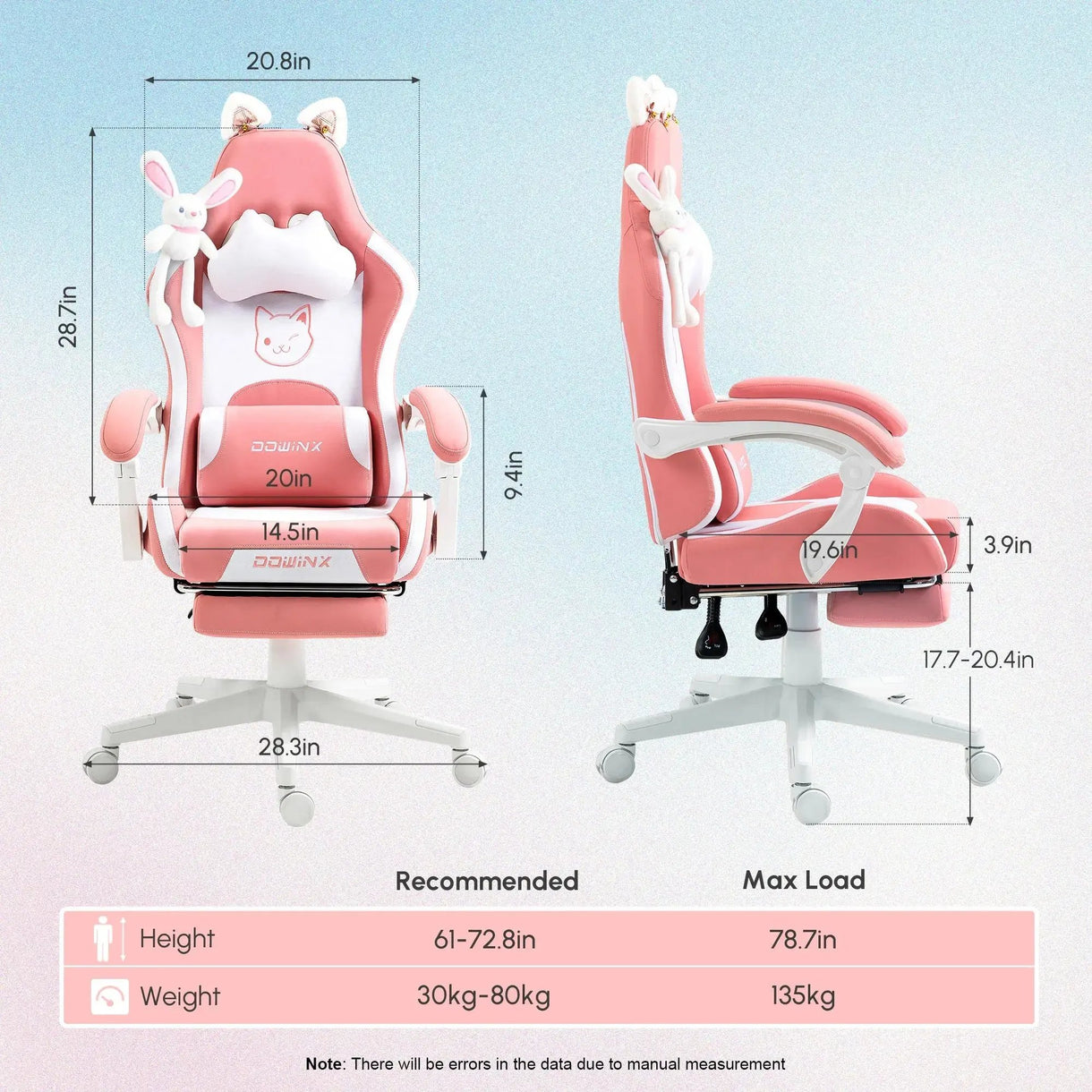 Dowinx Gaming Chair Cute with Cat Ears and Massage Lumbar Support Pink ...