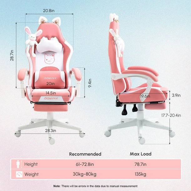 Dowinx Gaming Chair Cute with Cat Ears and Massage Lumbar Support Pink ...